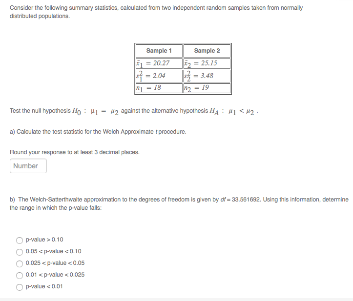 Solved Consider the following summary statistics, calculated | Chegg.com