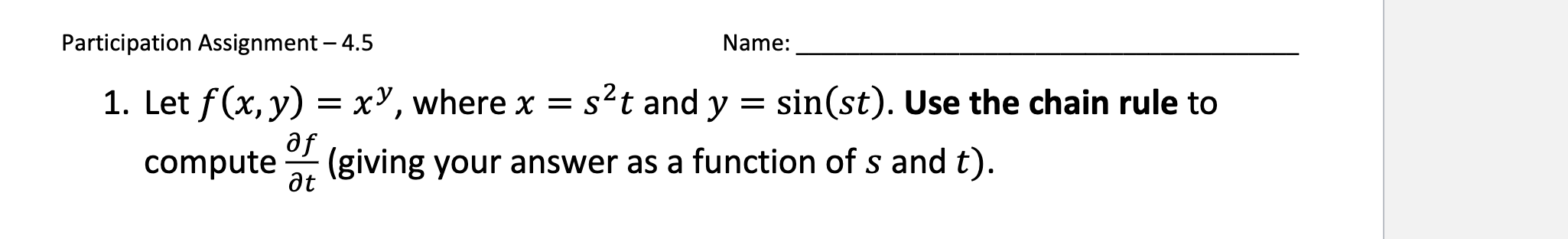 Solved Participation Assignment - 4.5Name:Let f(x,y)=xy, | Chegg.com