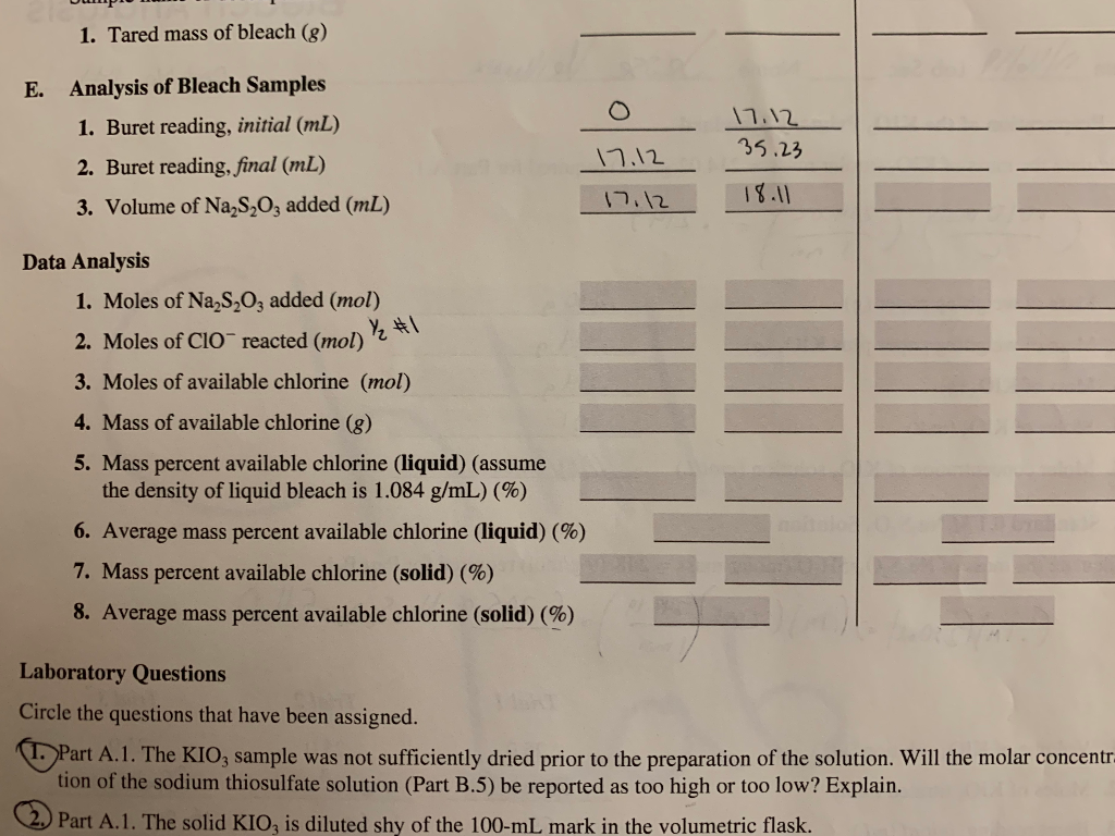Solved 1.Tared mass of bleach (g) Analysis of Bleach Samples | Chegg.com