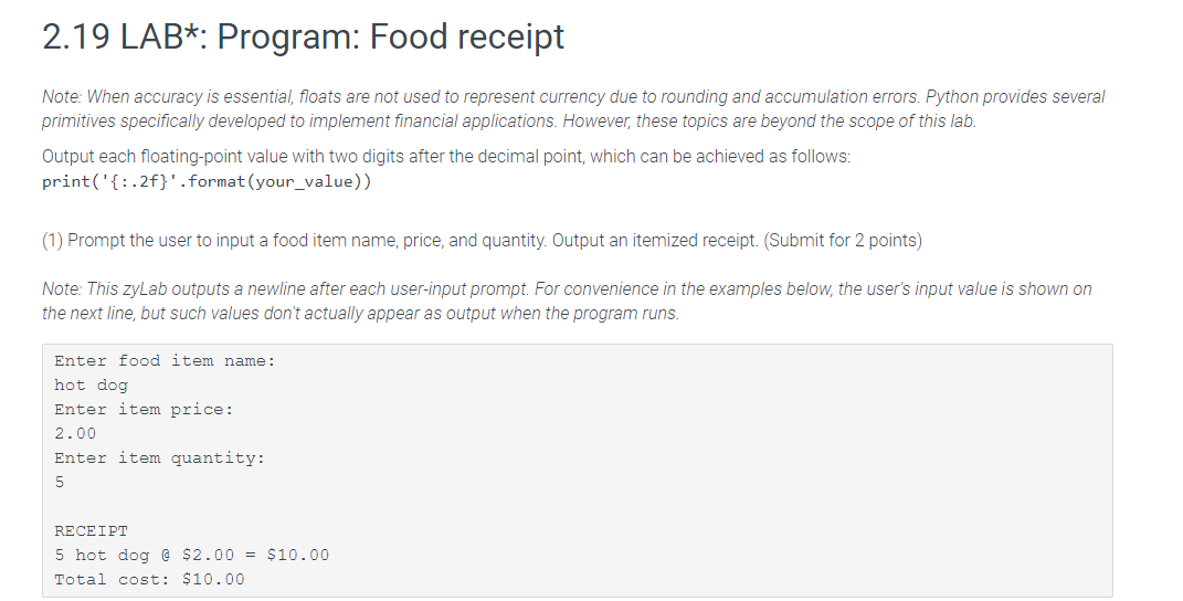 Solved 2.19 LAB*: Program: Food receipt Note: When accuracy | Chegg.com
