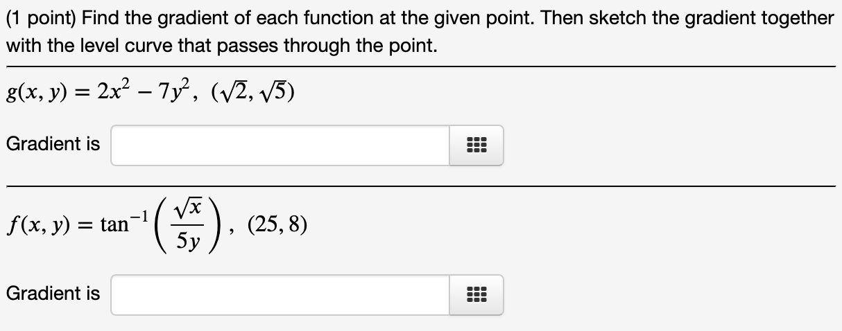 Solved (1 point) Find the gradient of each function at the | Chegg.com