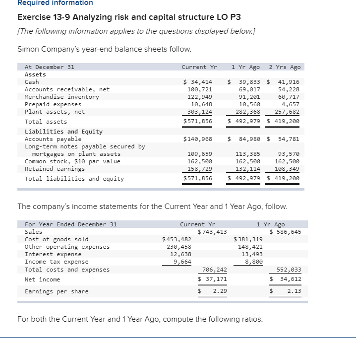 Solved Required information Exercise 13-9 Analyzing risk and | Chegg.com