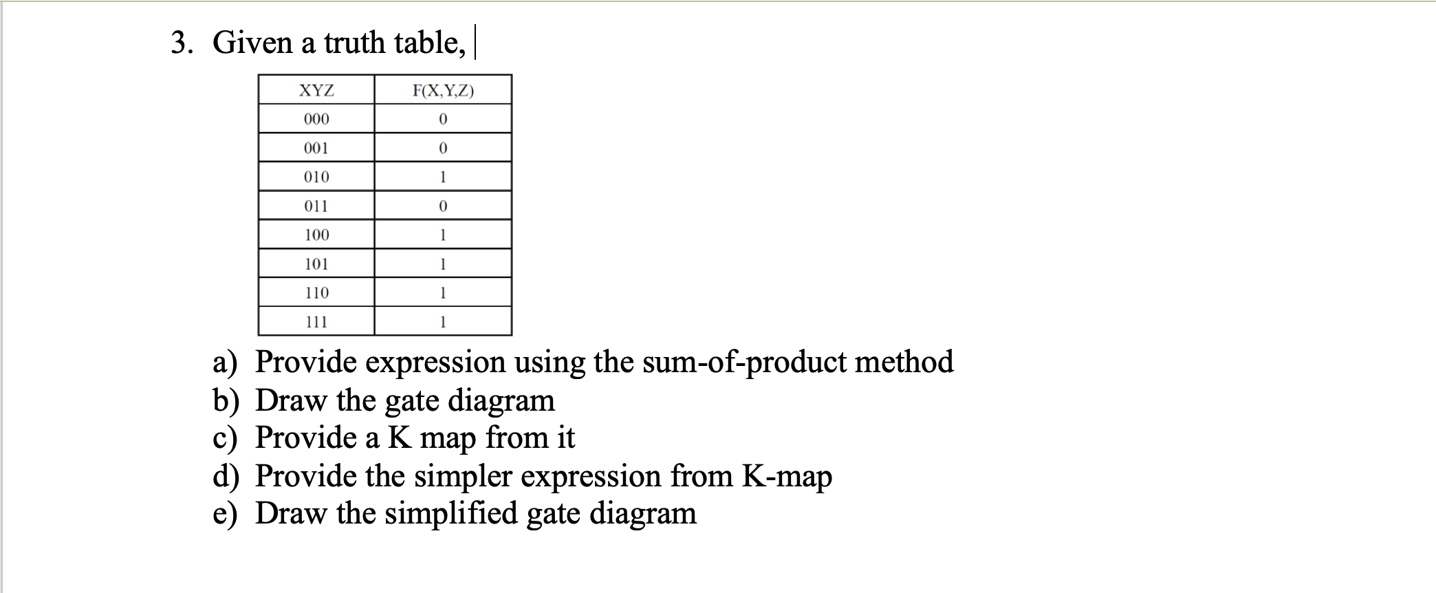 Solved 3. Given a truth table, XYZ F(X,Y,Z) 000 0 001 0 010 | Chegg.com
