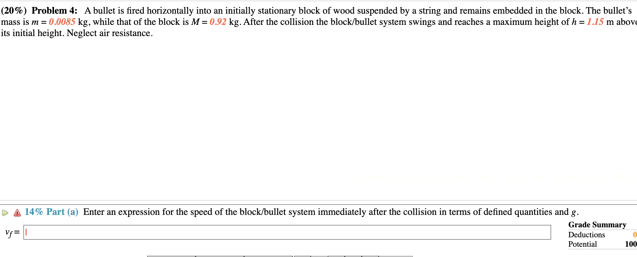 Solved (20\%) Problem 4: A bullet is fired horizontally into | Chegg.com