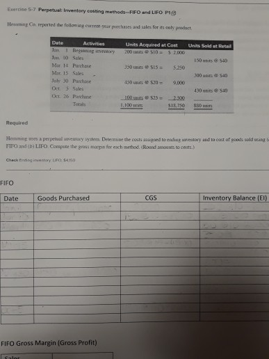 Solved Exercise 5-7 Perpetual Inventory costing methods FIFO | Chegg.com