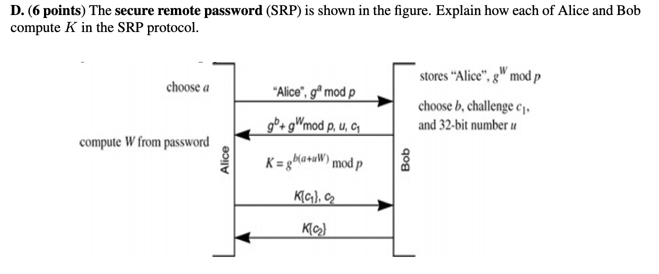 Solved D. (6 points) The secure remote password (SRP) is | Chegg.com