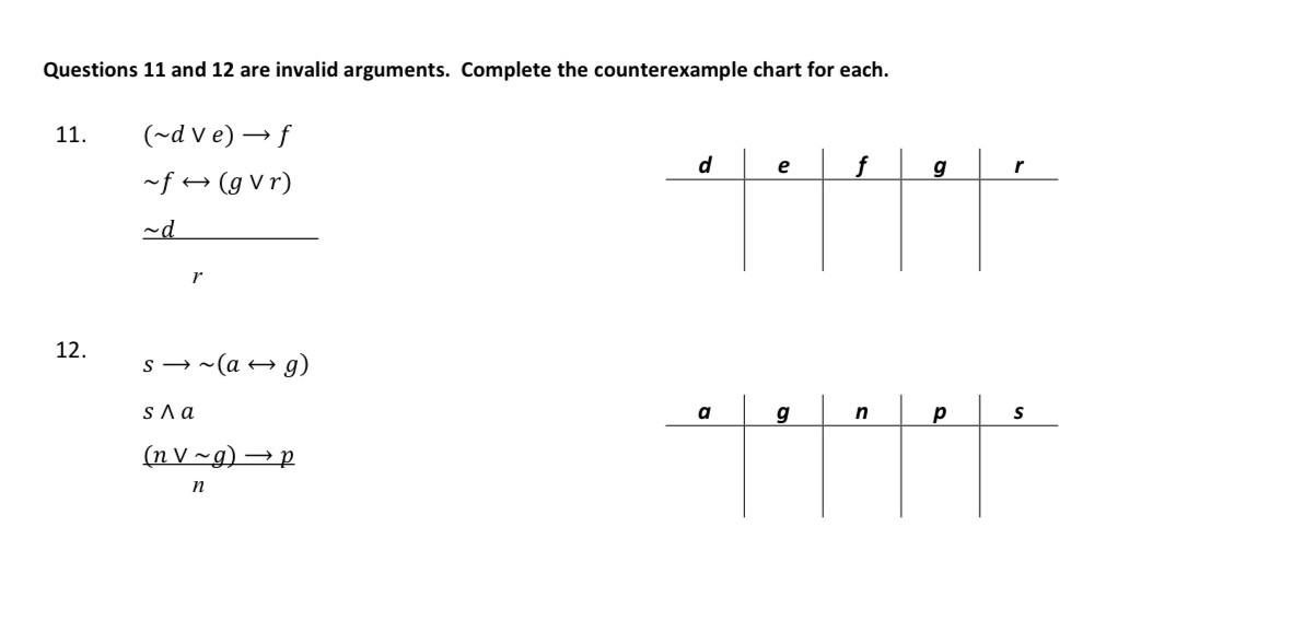Solved Questions 11 and 12 are invalid arguments. Complete | Chegg.com