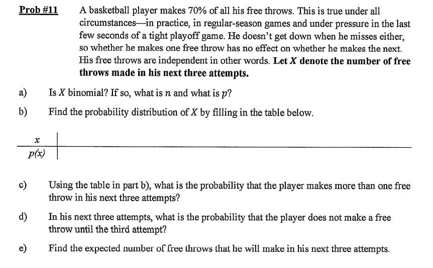 Solved Prob #11 A basketball player makes 70% of all his | Chegg.com