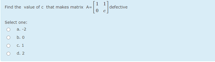 Solved Find the value of c that makes matrix A= defective | Chegg.com