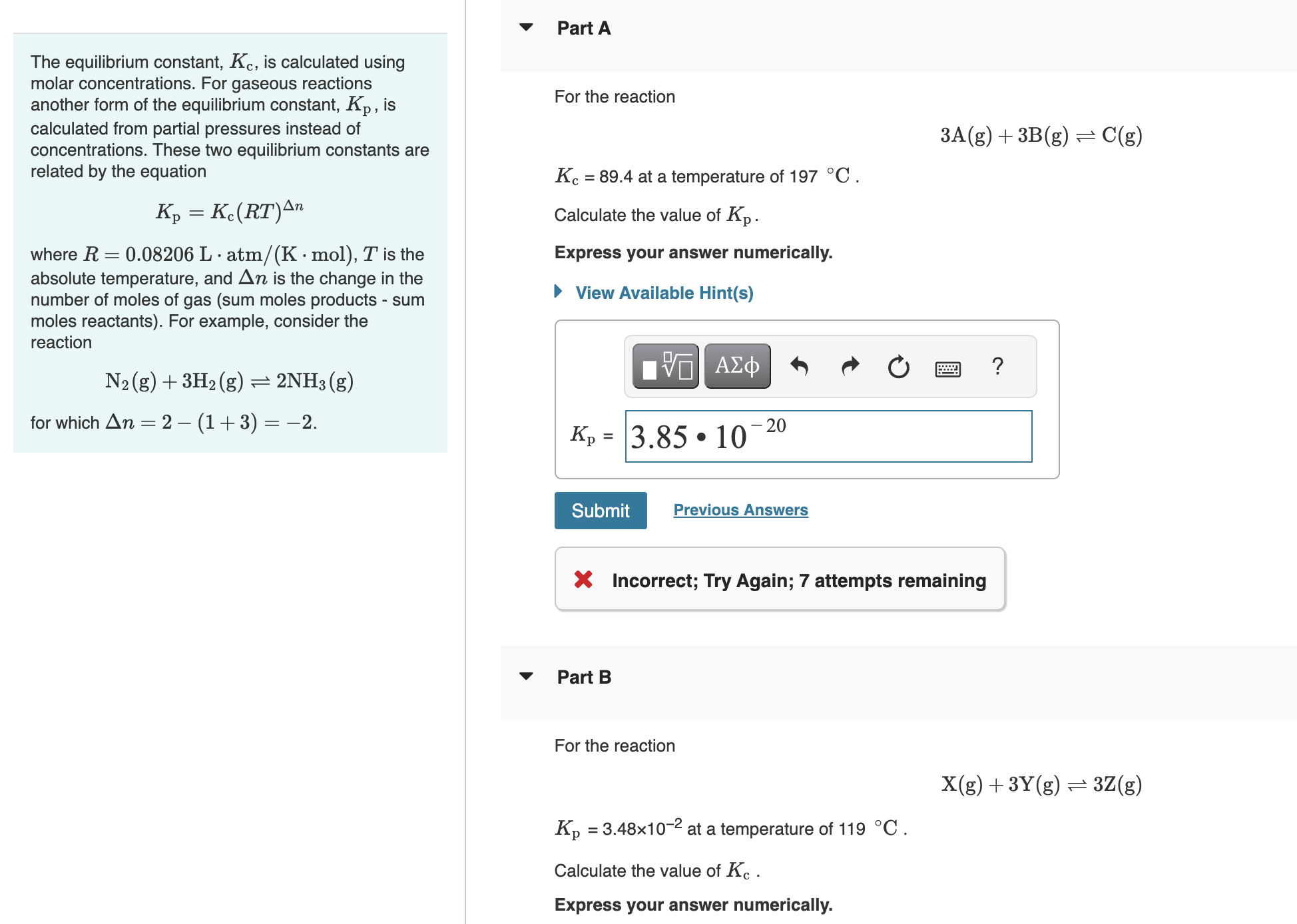 Solved Part AThe equilibrium constant, Kc, ﻿is calculated | Chegg.com