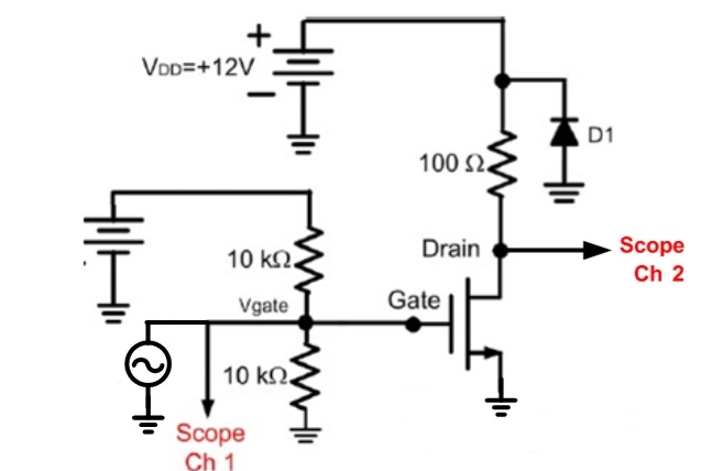 Solved D1 100 Ω Scope Ch 2 Drain Gate Vgate Scope Ch 1 | Chegg.com