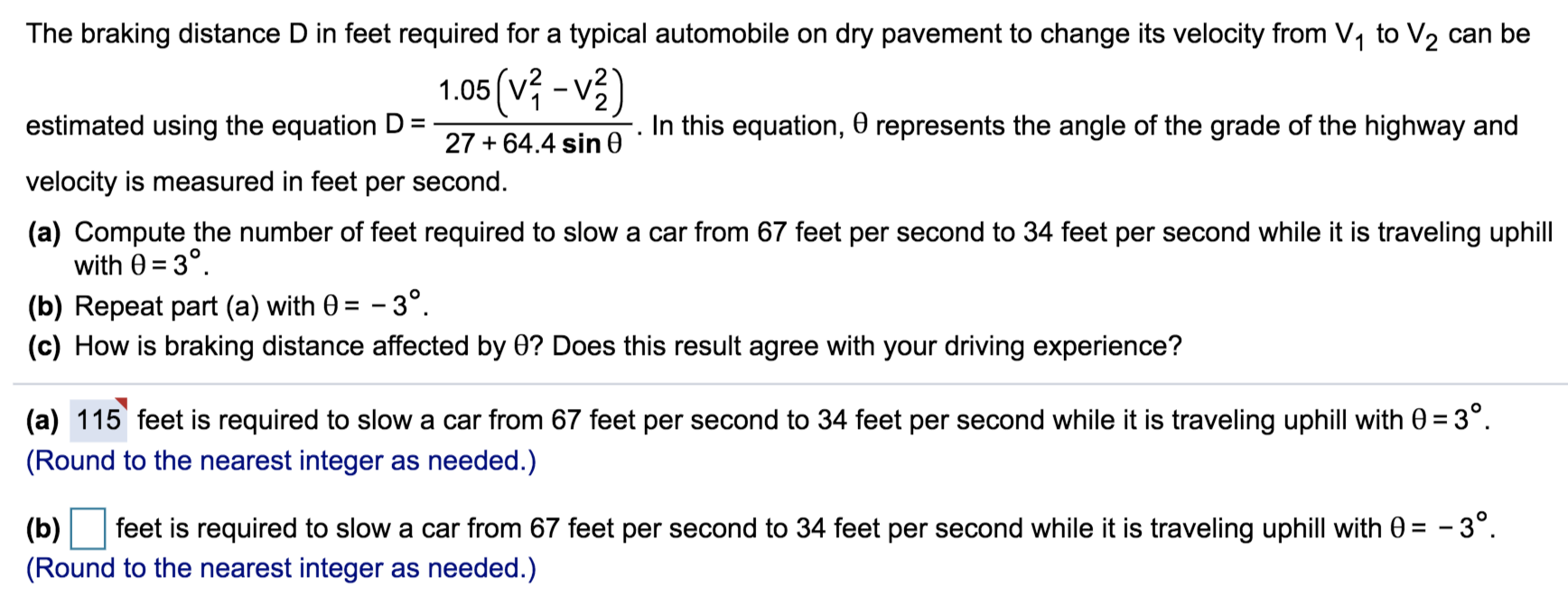 Solved The braking distance D in feet required for a typical | Chegg.com