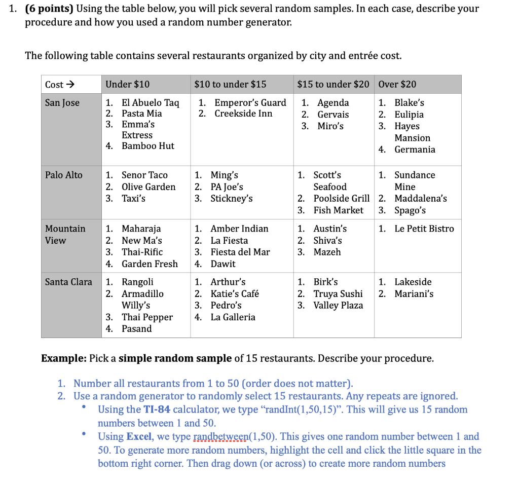 Solved (6 points) Using the table below, you will pick | Chegg.com