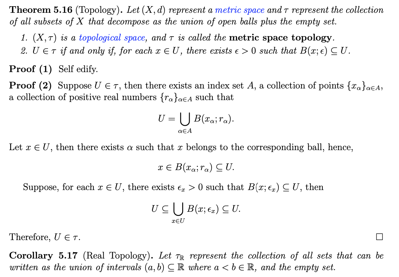 Solved Theorem 5.16 (Topology). Let (X, d) represent a | Chegg.com