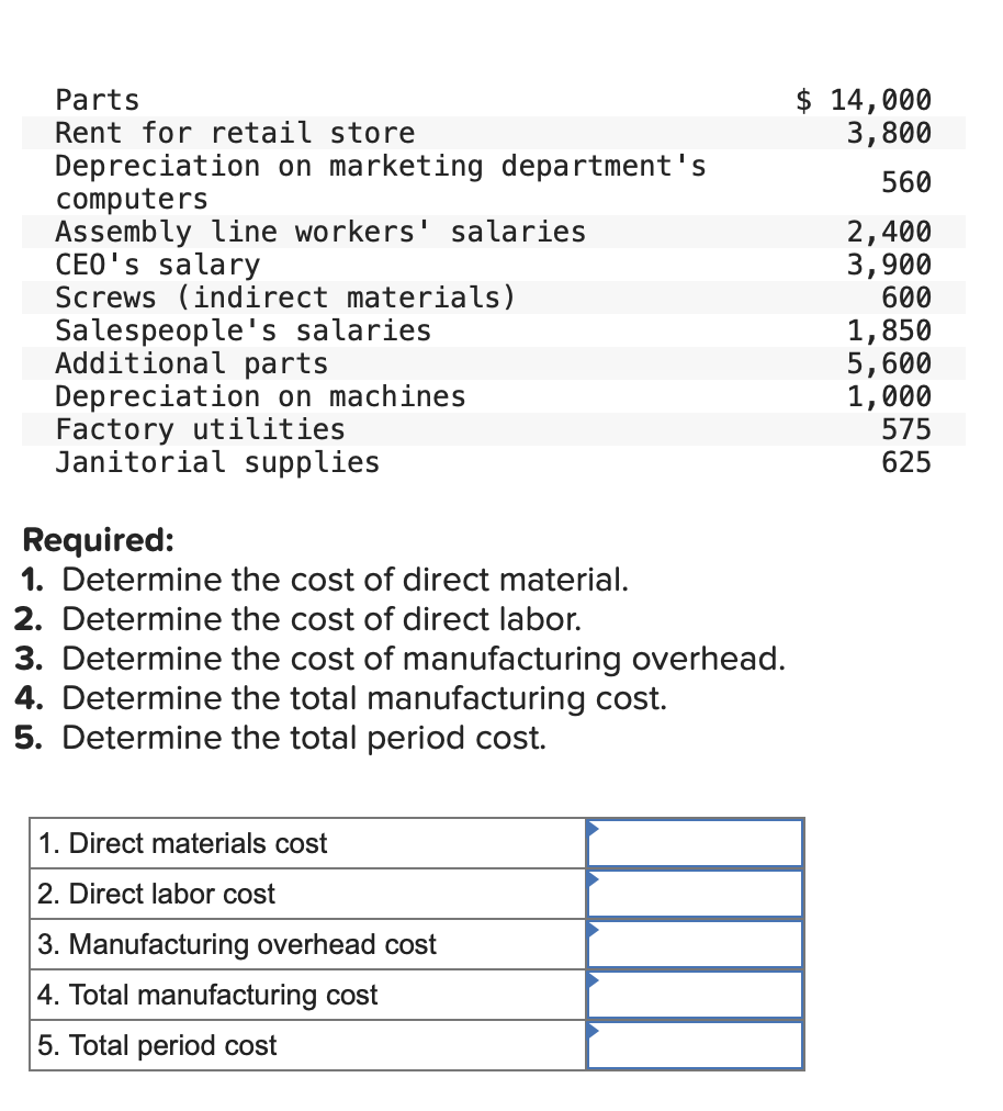 Solved Required: 1. Determine the cost of direct material. | Chegg.com