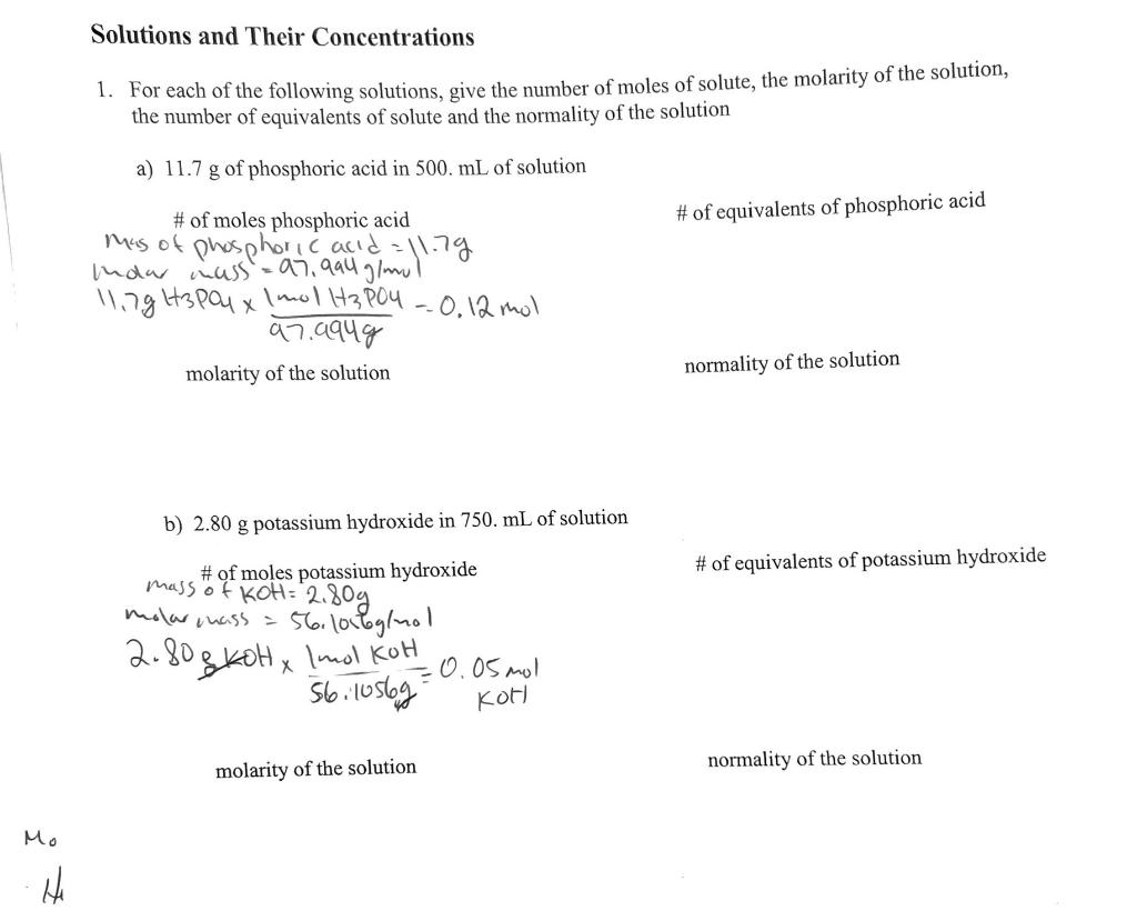 Solved Solutions and Their Concentrations 1. For each of the | Chegg.com
