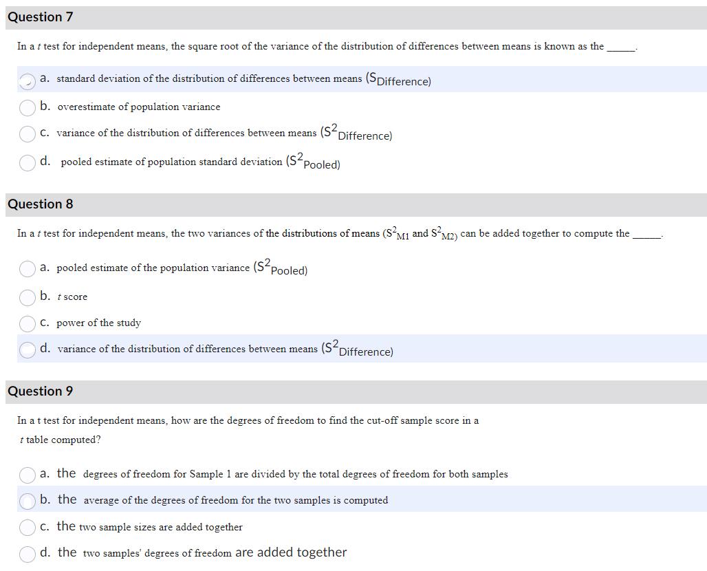 Solved In a t test for independent means, the square root of | Chegg.com