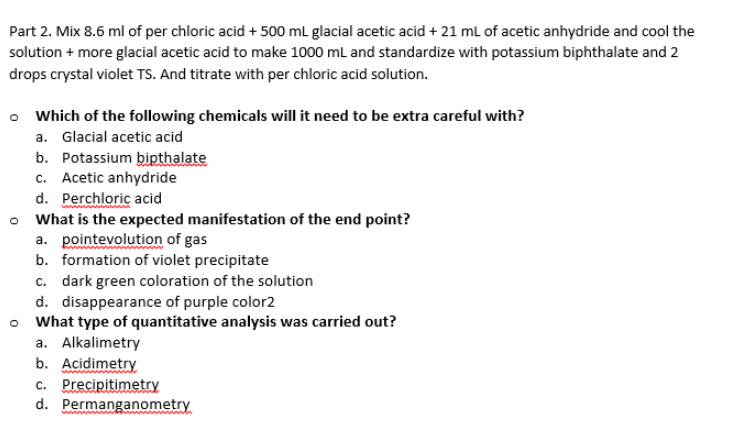 Solved Part 2. Mix 8.5 ml of per chloric acid + 500 mL | Chegg.com