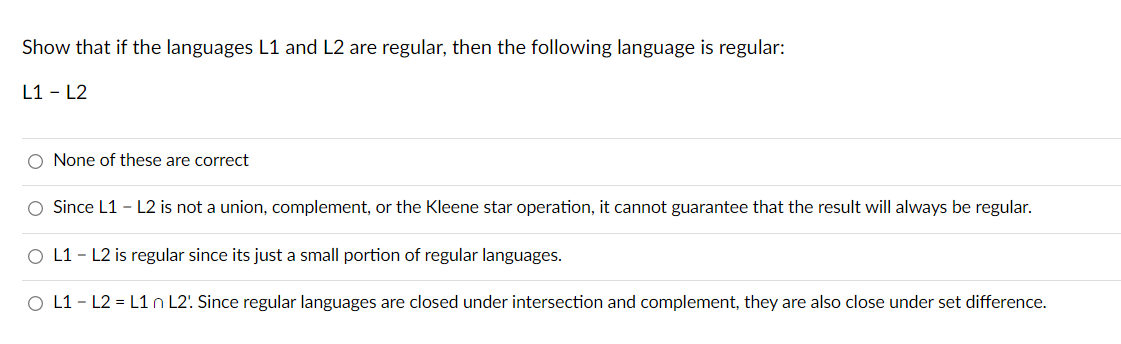 Solved Show that if the languages L1 and L2 are regular, | Chegg.com