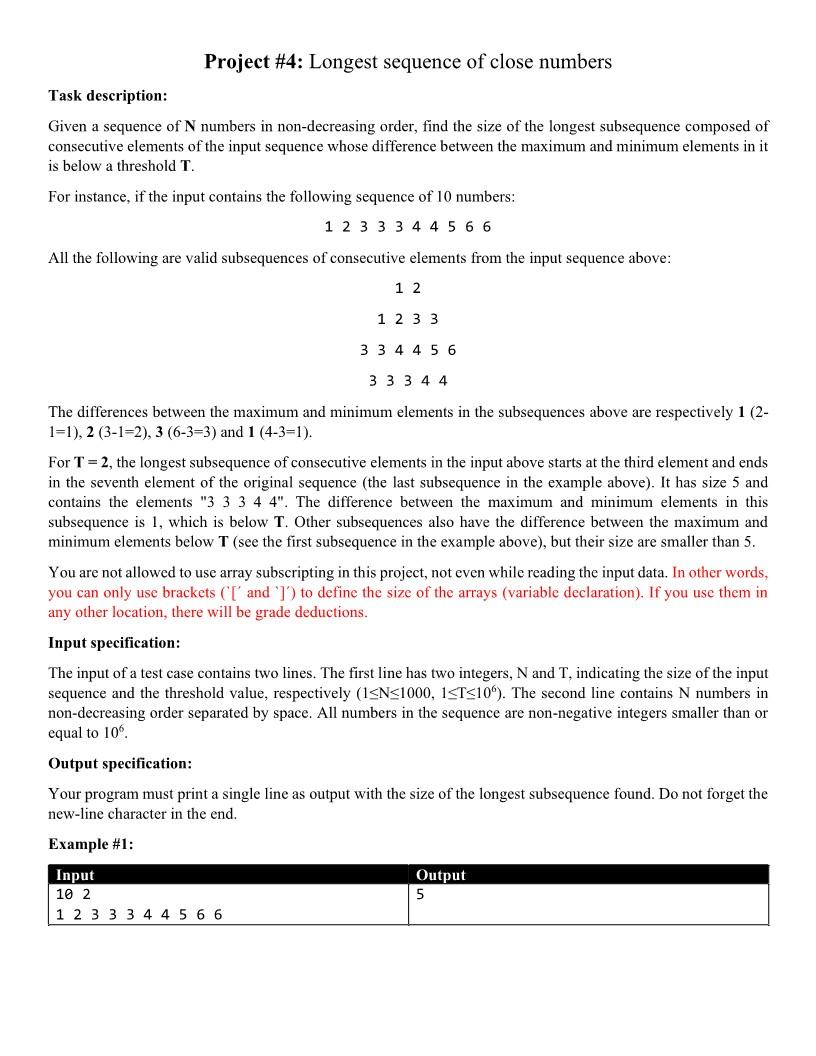 Solved Project #4: Longest sequence of close numbers Task | Chegg.com