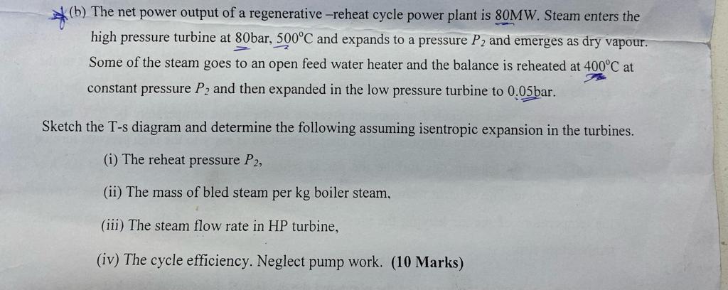\&f (b) The net power output of a regenerative-reheat | Chegg.com