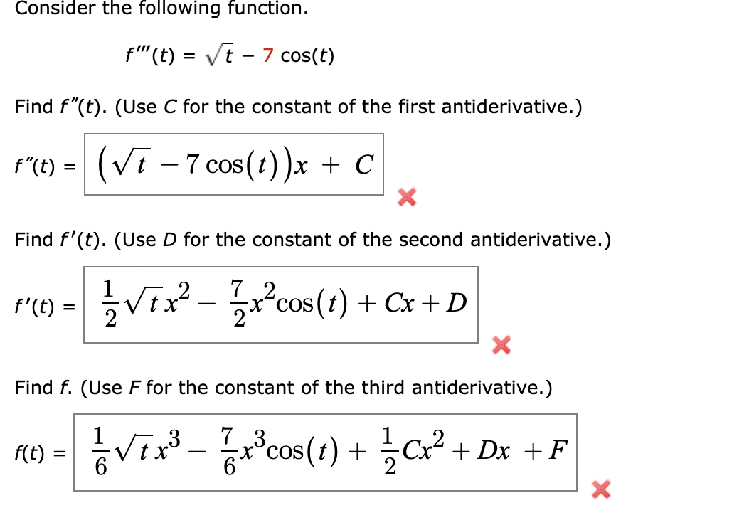 Solved Consider the following function. f′′′(t)=t−7cos(t) | Chegg.com