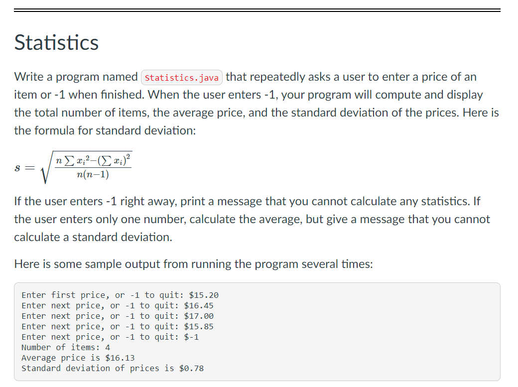 Solved Statistics Write a program named statistics.java that | Chegg.com