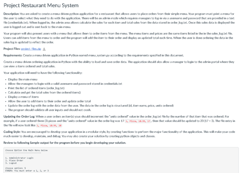 Solved Project Restaurant Menu System Description: You are | Chegg.com