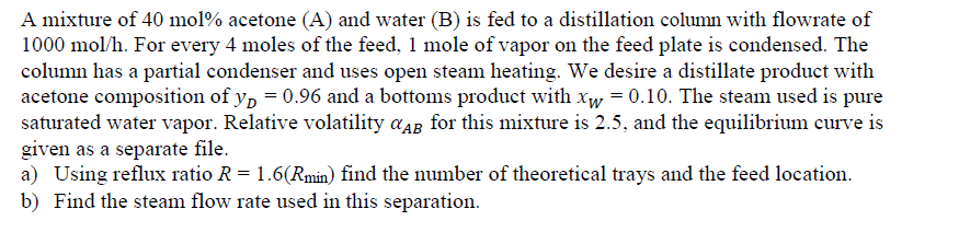 Solved A mixture of 40 mol% acetone (A) and water (B) is fed | Chegg.com