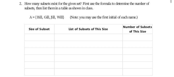 Solved 2. How many subsets exist for the given set? First | Chegg.com
