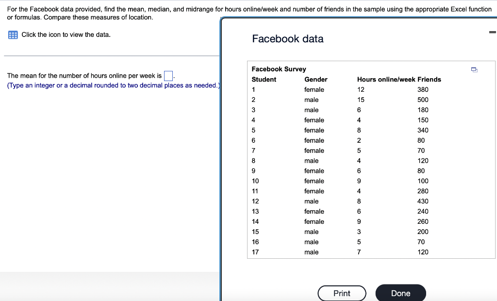 Solved Click the icon to view the data. Facebook data The | Chegg.com
