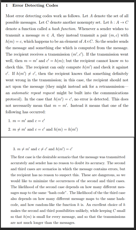 1 Error Detecting Codes Most error detecting codes | Chegg.com
