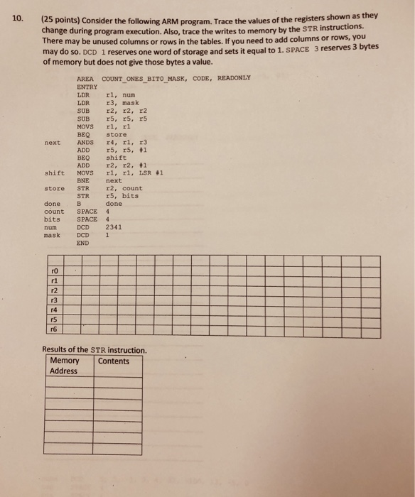 Solved 10. (25 points) Consider the following ARM program. | Chegg.com