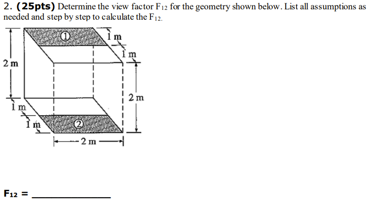 Solved 2. (25pts) Determine the view factor F12 for the | Chegg.com