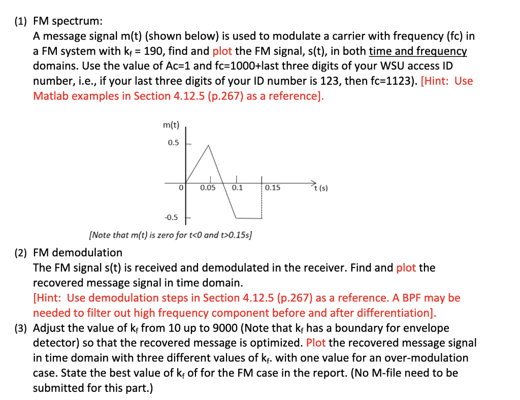 (1) FM spectrum: A message signal m(t) (shown below) | Chegg.com