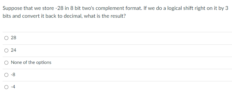 Solved Suppose that we store -28 in 8 bit two's complement | Chegg.com