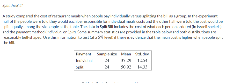 Solved Split the Bill? A study compared the cost of | Chegg.com