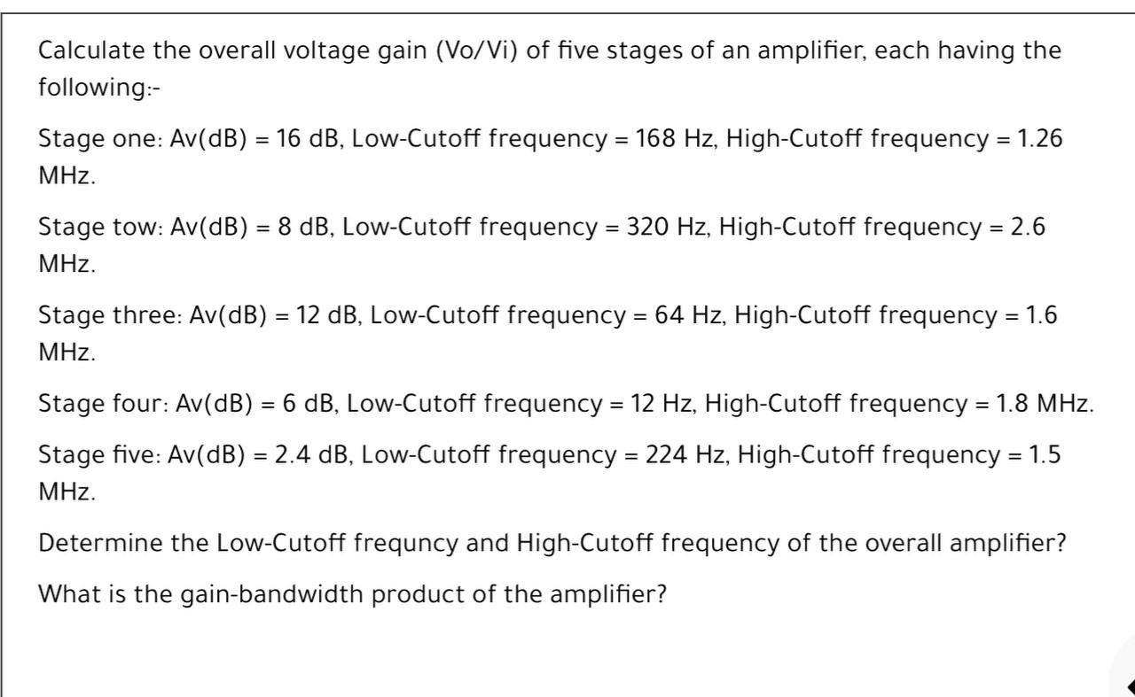 Solved Calculate the overall voltage gain (Vo/Vi) of five | Chegg.com