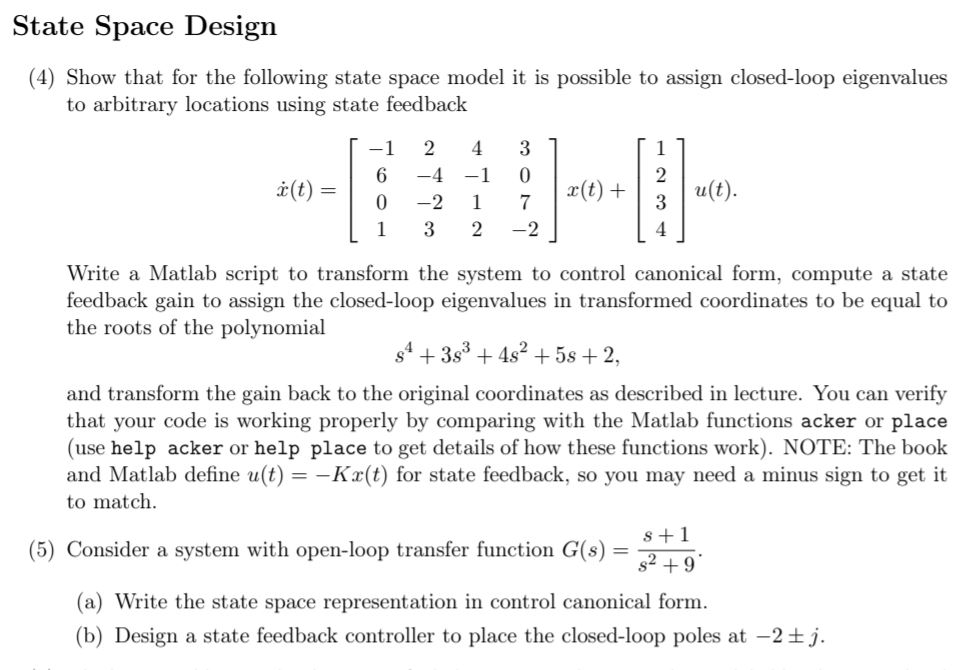 State Space Design (4) Show that for the following | Chegg.com