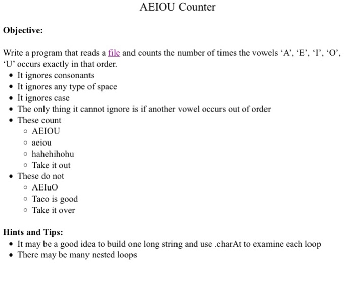Solved AEIOU Counter Objective: Write a program that reads a | Chegg.com