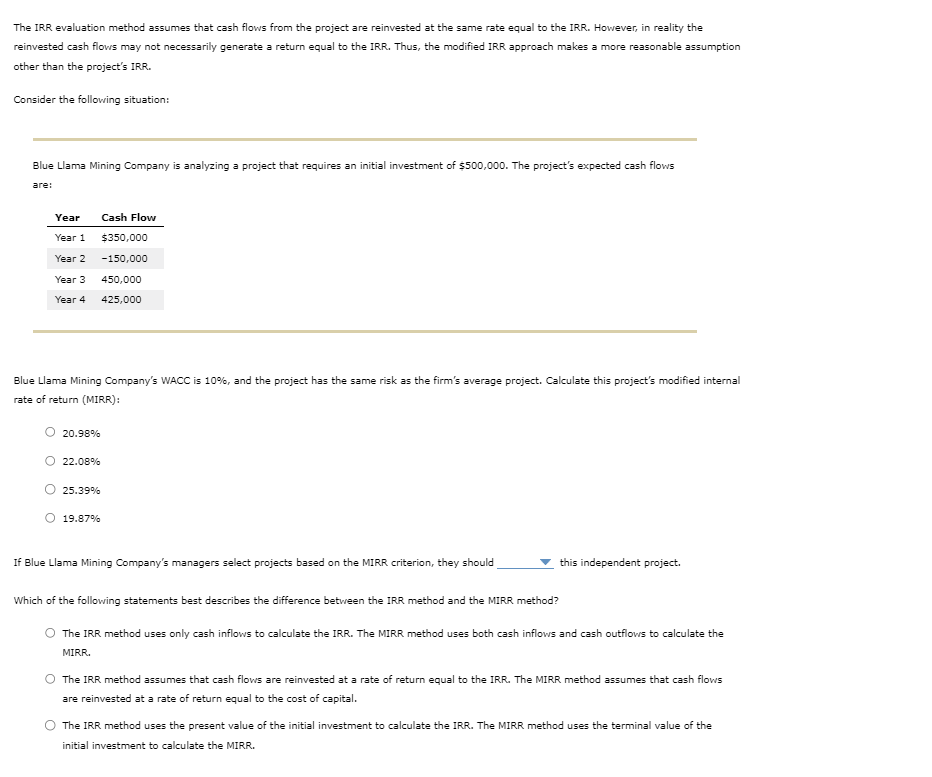 Solved The IRR evaluation method assumes that cash flows | Chegg.com