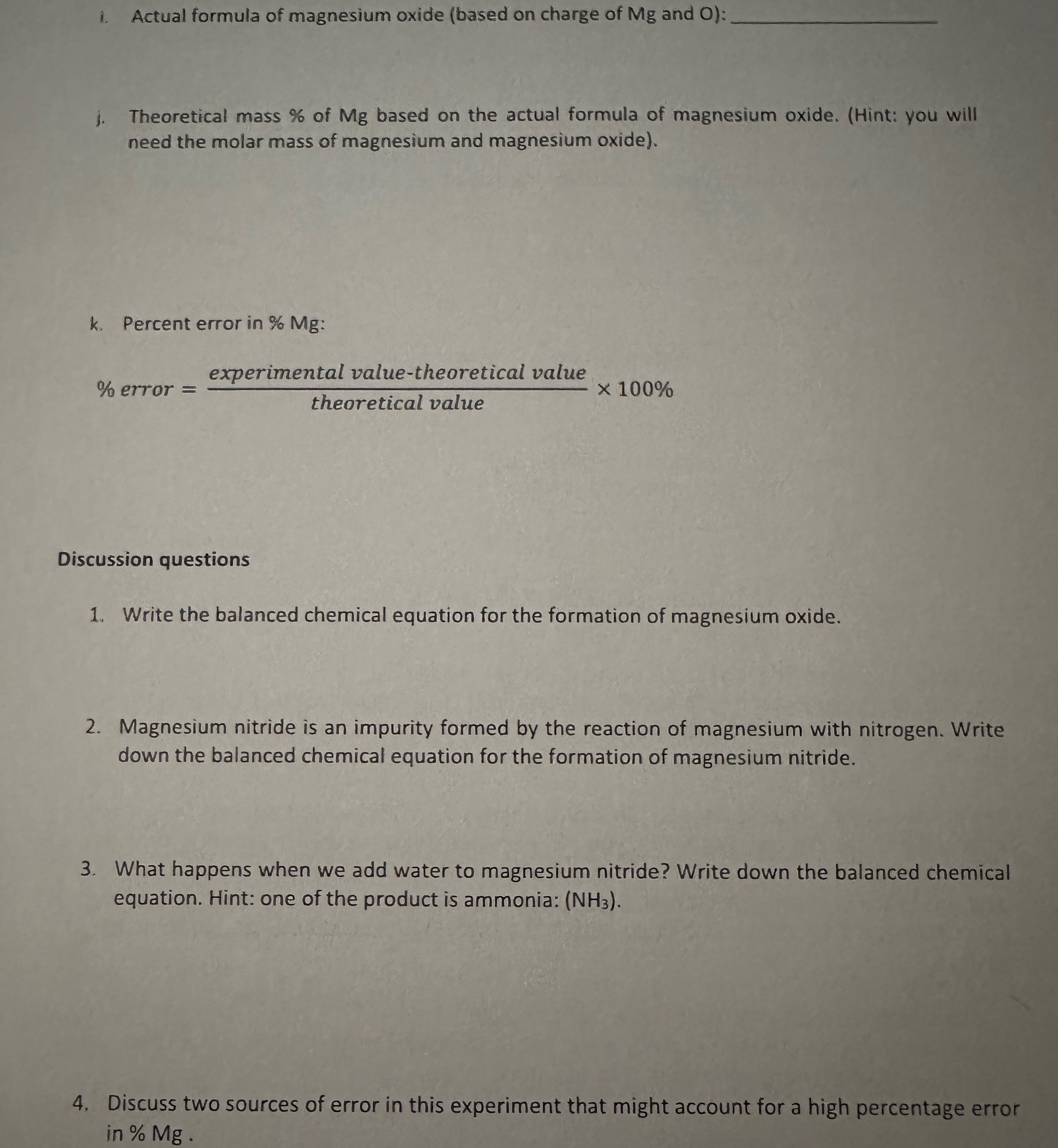 Solved j. Theoretical mass % of Mg based on the actual | Chegg.com