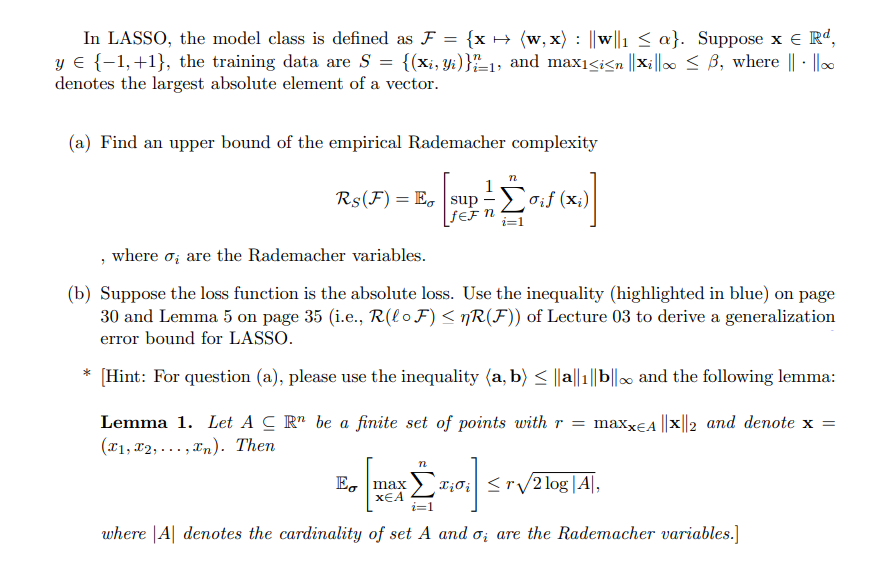Solved In LASSO, the model class is defined as | Chegg.com
