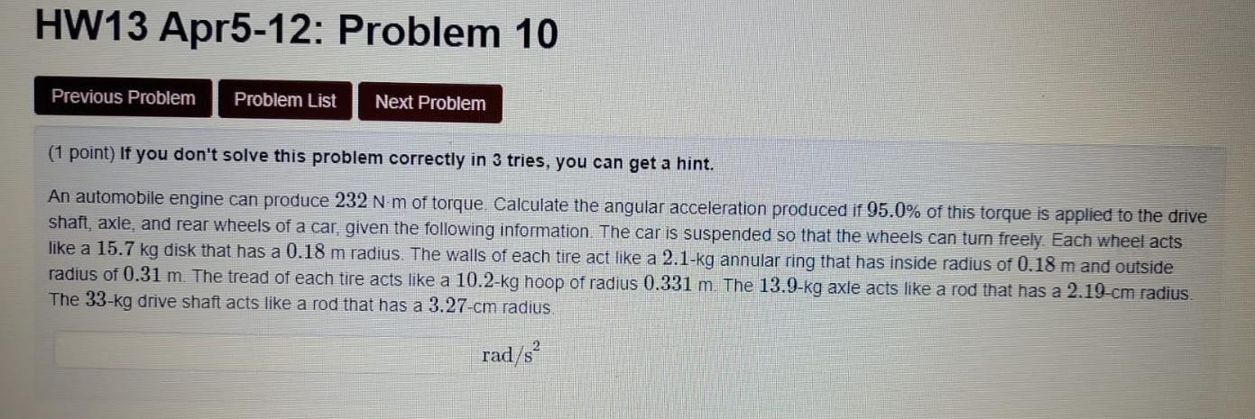 Solved HW13 Apr5-12: Problem 10 Previous Problem Problem | Chegg.com Solved HW13 Apr5-12: Problem 10 Previous Problem Problem | Chegg.com