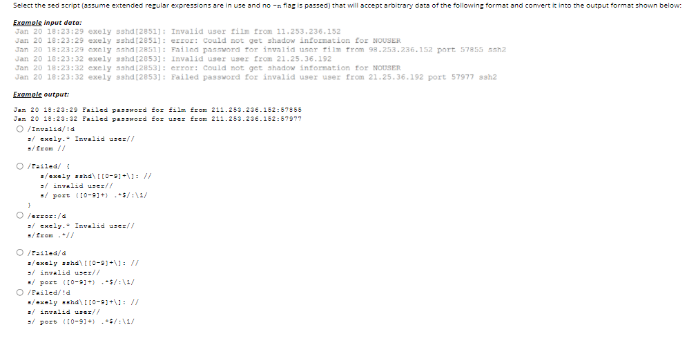 Solved Select the sed script (assume extended regular | Chegg.com