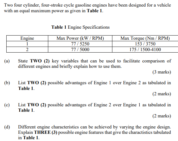 Solved Two four cylinder, four-stroke cycle gasoline engines | Chegg.com
