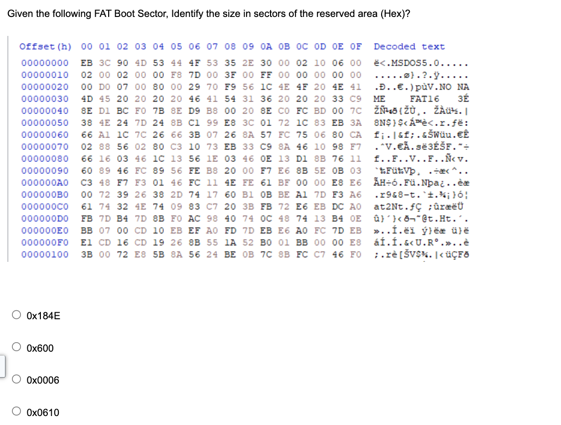 Solved Given the following FAT Boot Sector, Identify the | Chegg.com