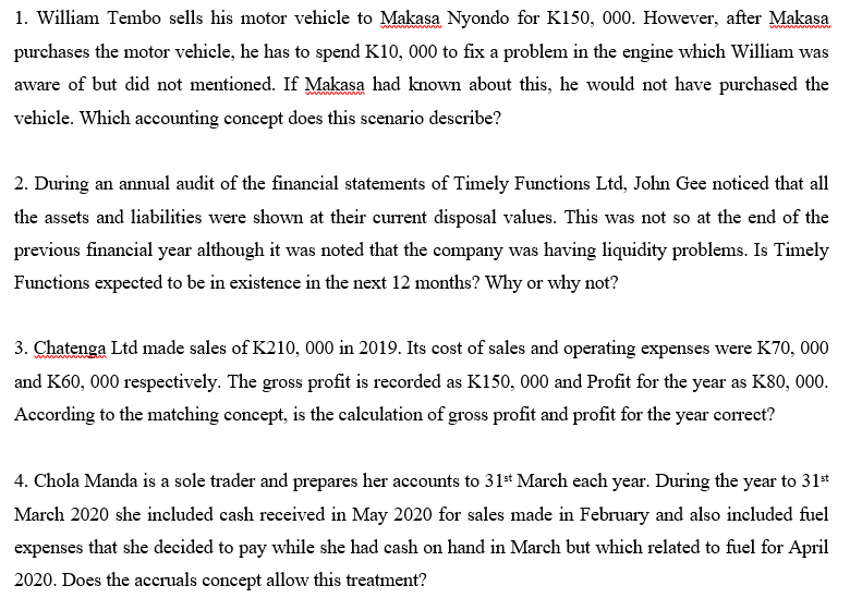Solved 1. William Tembo sells his motor vehicle to Makasa | Chegg.com