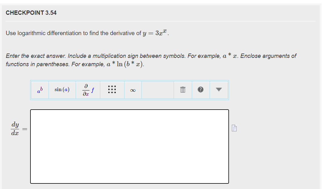 Solved CHECKPOINT 3.54Use logarithmic differentiation to | Chegg.com