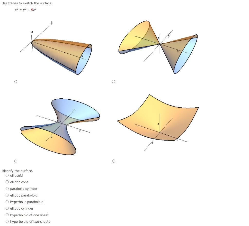 Solved Use traces to sketch the surface. x2=y2+9z2 Identify | Chegg.com